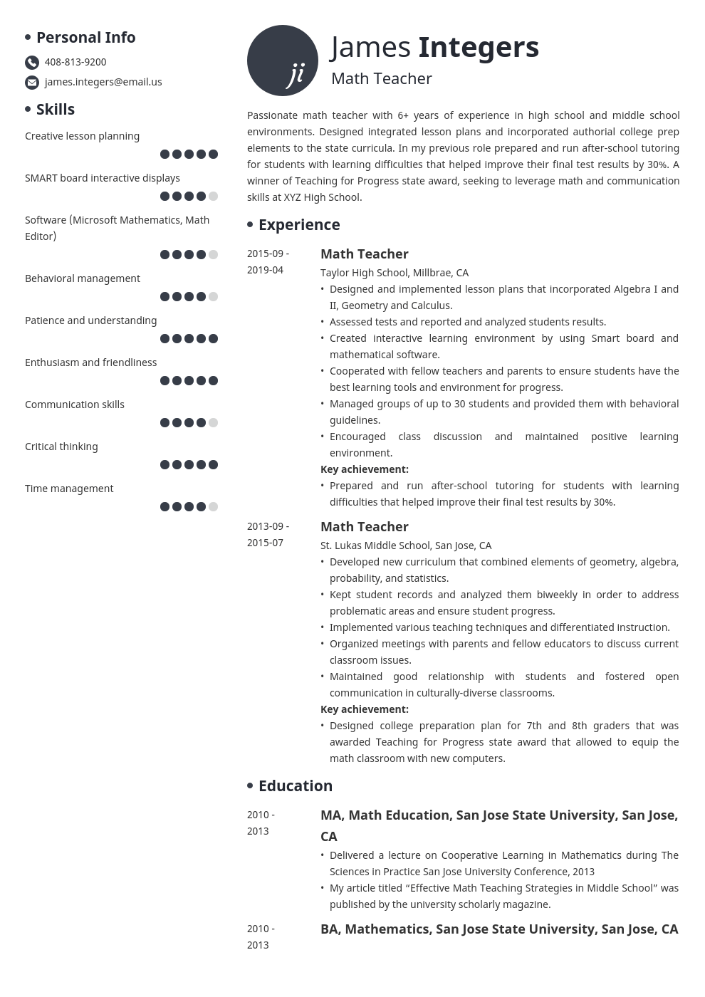 Math Teacher Resume Examples Writing Guide Skills 