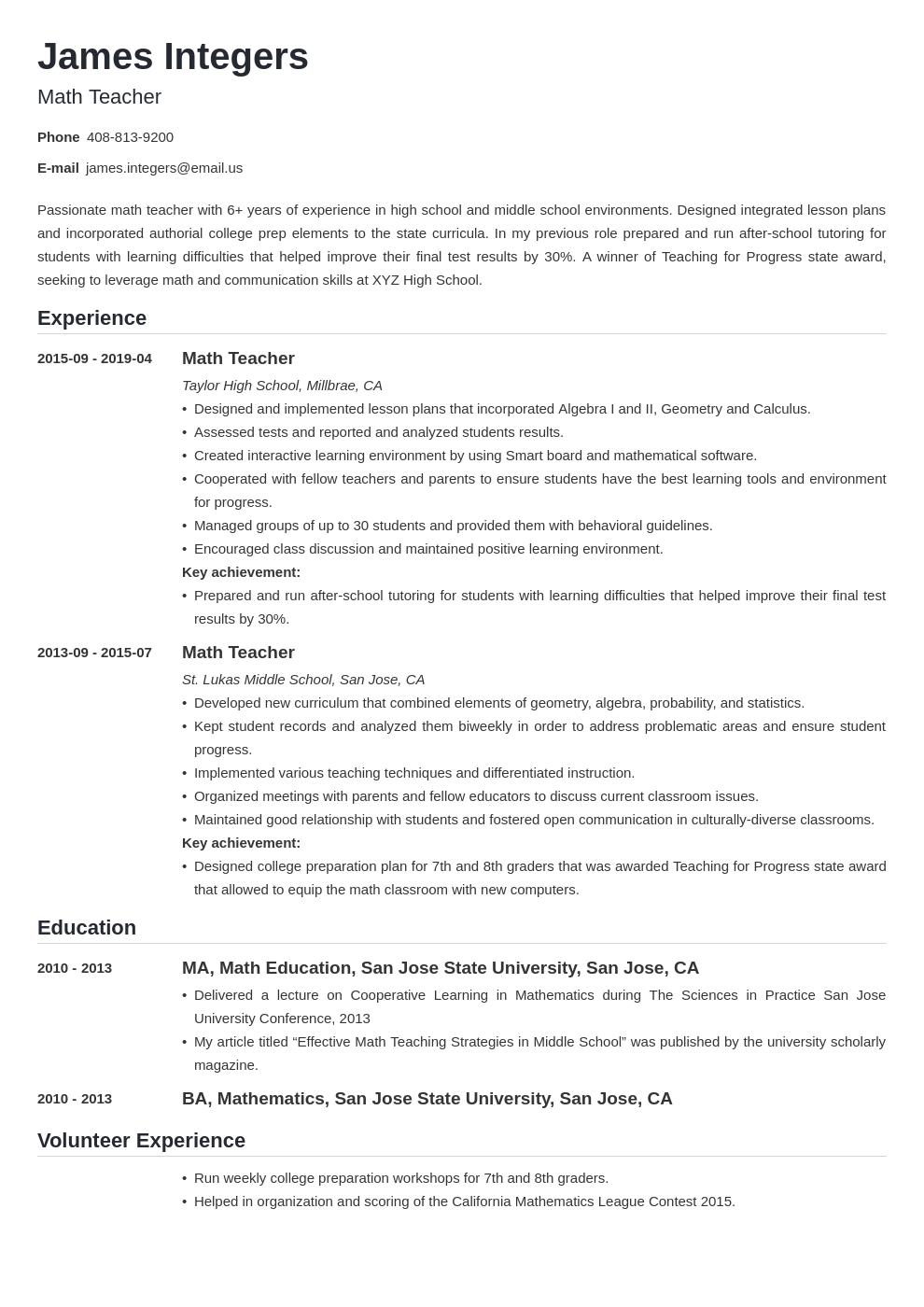 Math Teacher Resume Examples Writing Guide Skills 