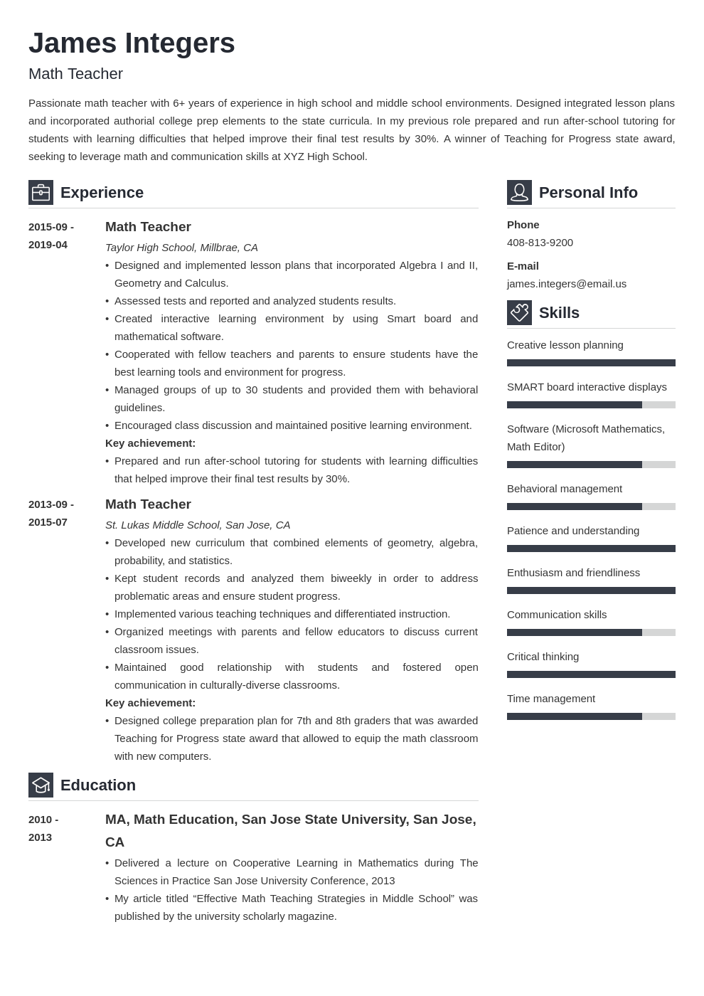 Math Teacher Resume Examples Writing Guide Skills 