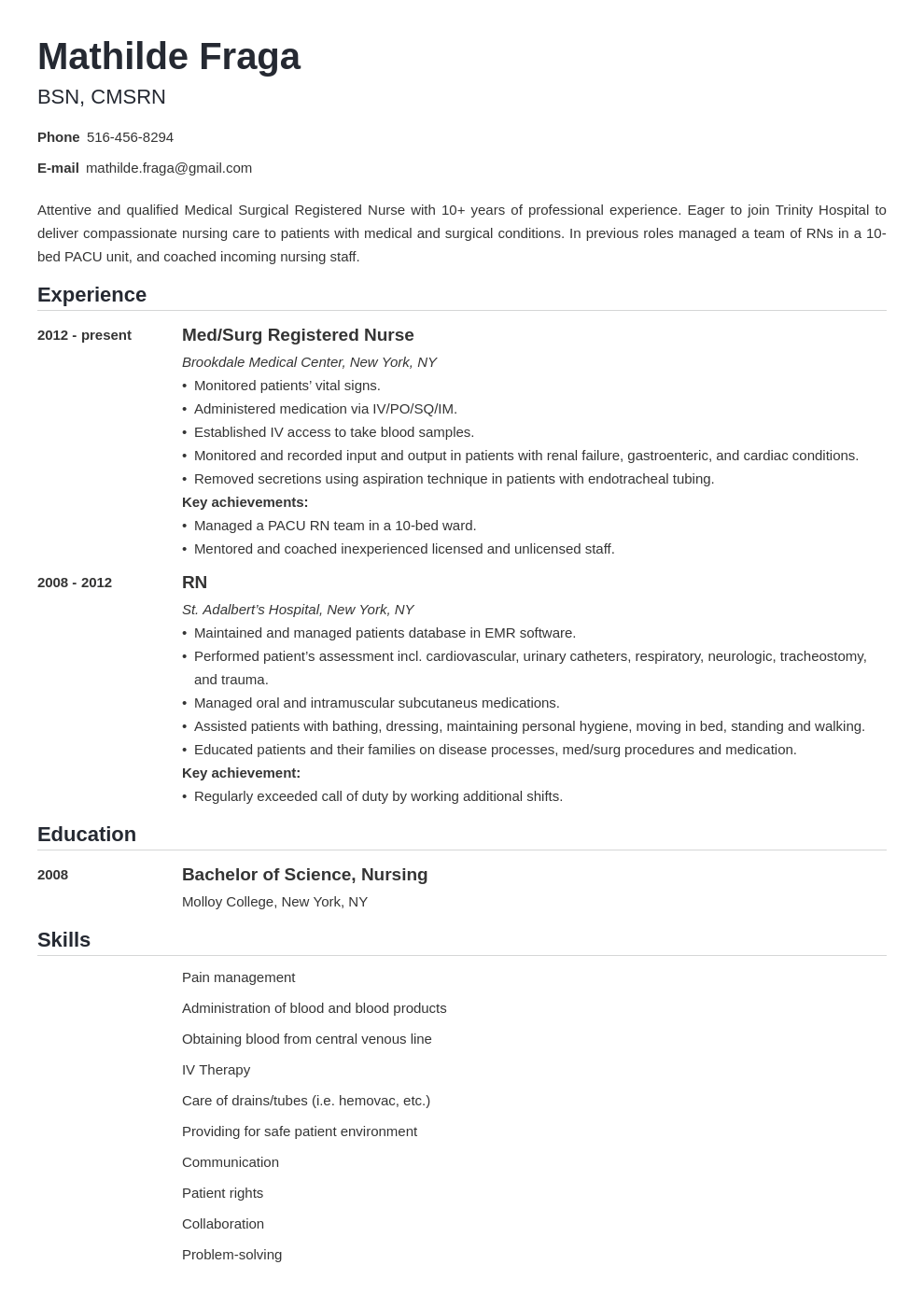 40 Medical Surgical Nursing Resume The Latest Wajo