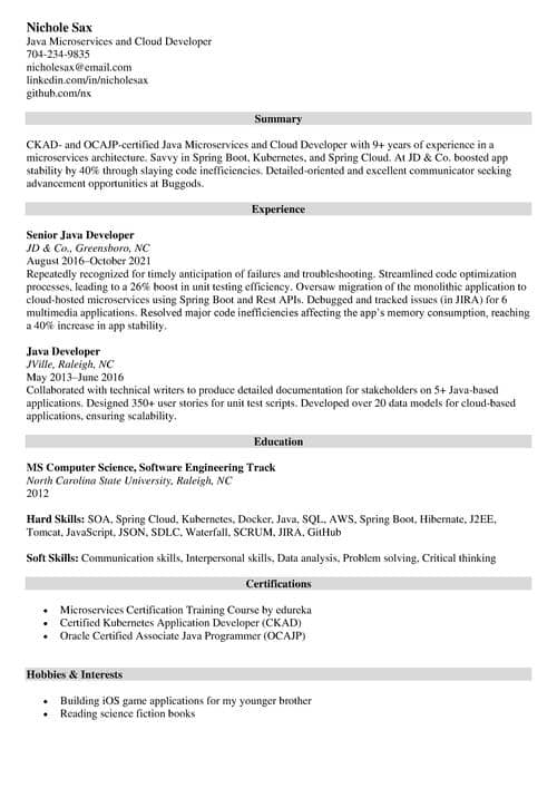 Java Microservices Developer Resume Points Sample
