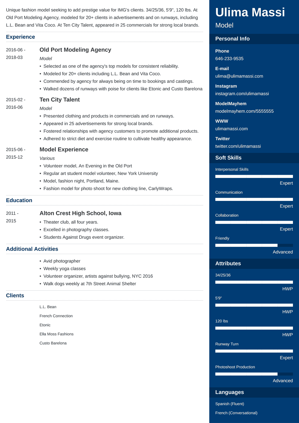 Model Resume Sample Guide Modeling Bio Template 