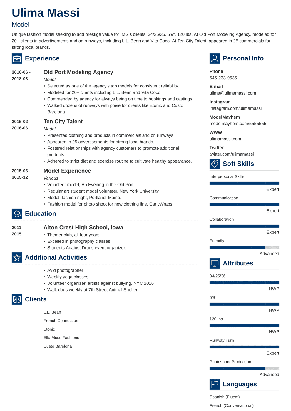 Model Resume Sample Guide Modeling Bio Template 