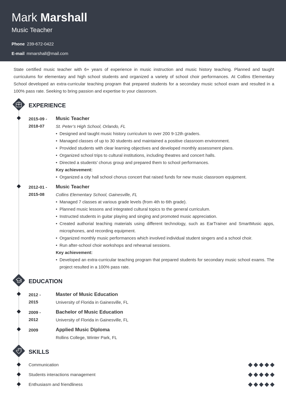 Music Teacher Resume Sample Writing Guide 20 Tips 