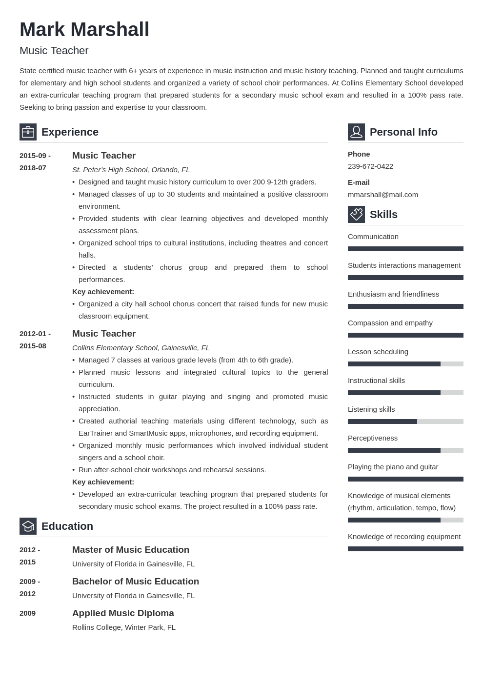 Music Teacher Resume Sample Writing Guide 20 Tips 
