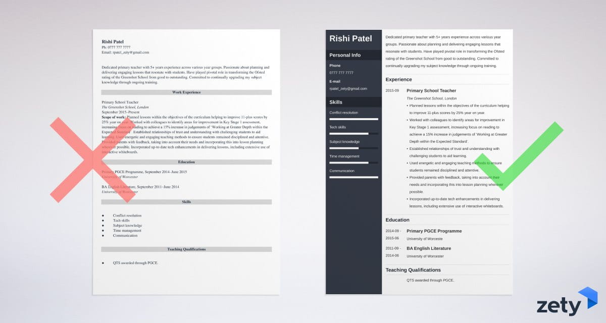One Page Company Cv Design Teacher CV Teacher Resume Template For 