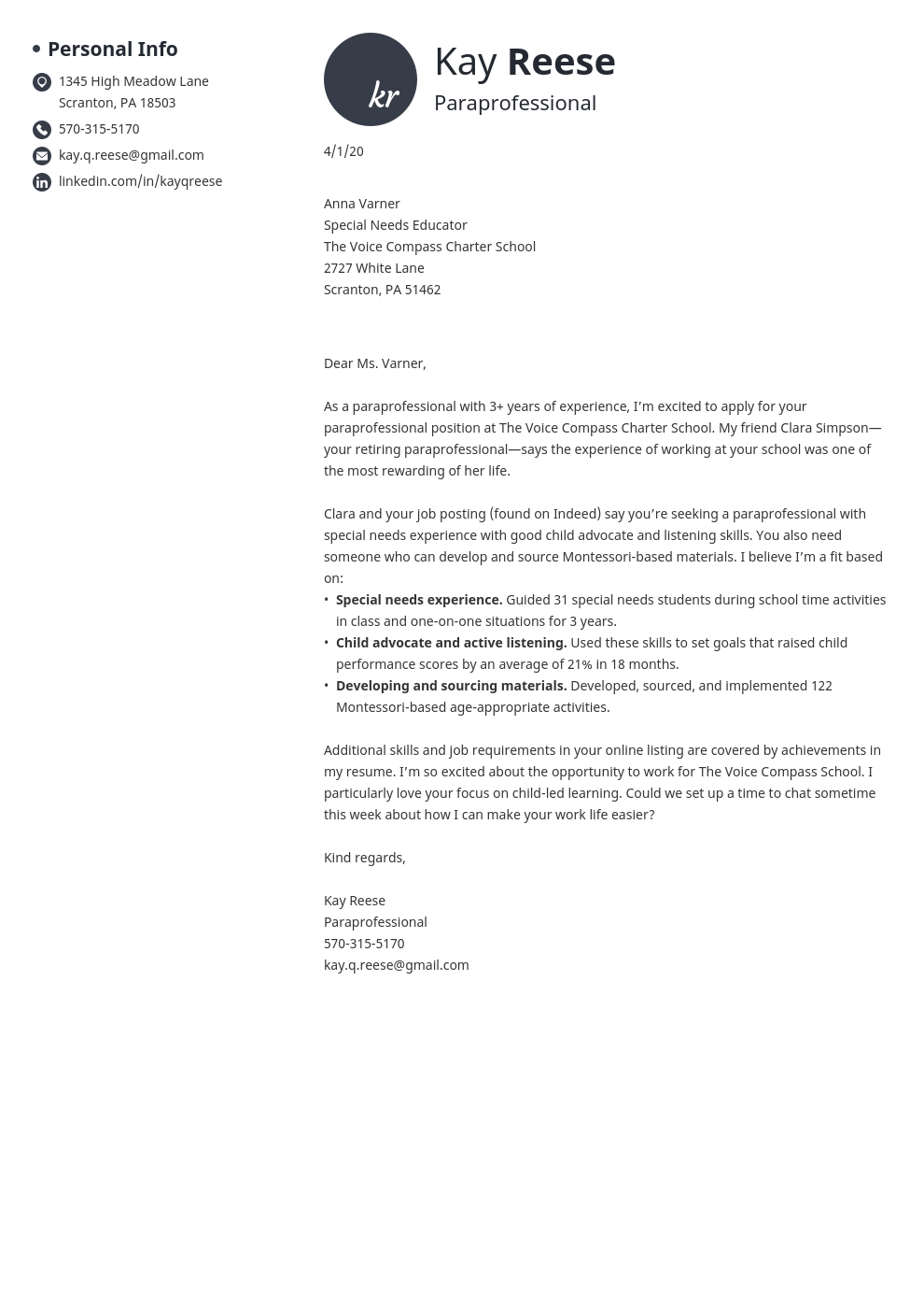 Paraprofessional Cover Letter Sample Writing Guide