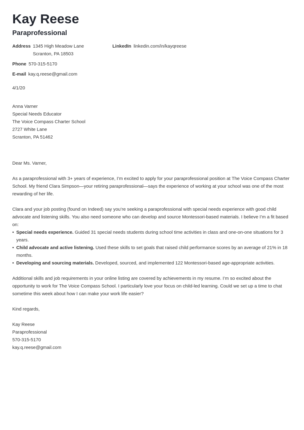 Paraprofessional Cover Letter: Sample & Writing Guide