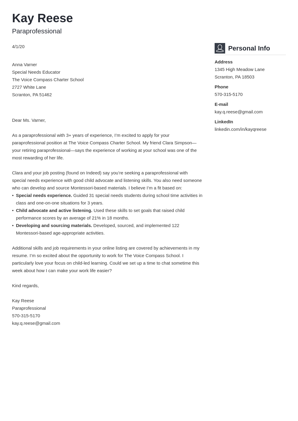 Paraprofessional Cover Letter Sample Writing Guide