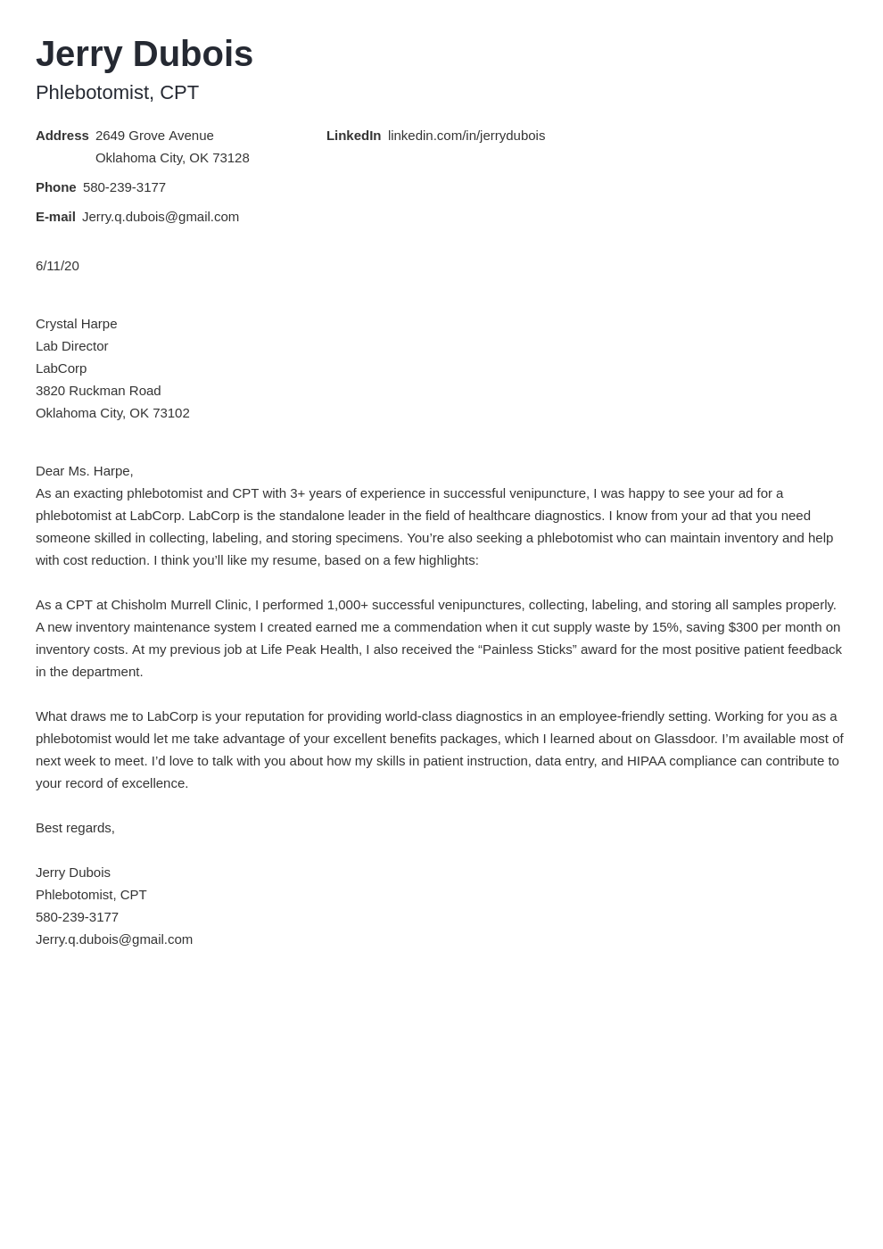 Phlebotomist Cover Letter Example Template For 2024