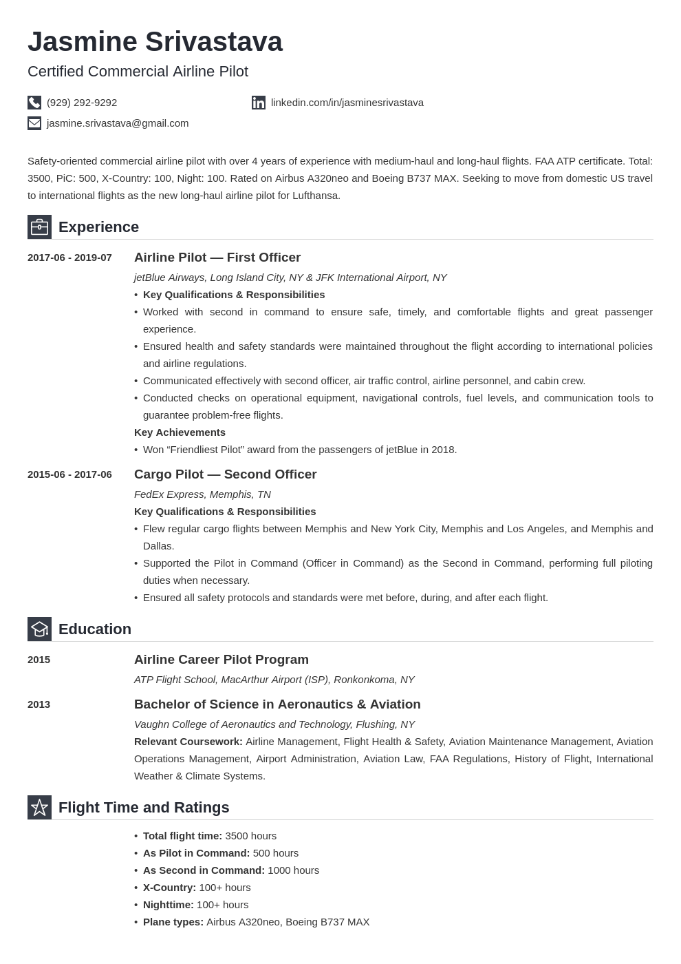 Pilot Resume Template Aerospace Aviation Resume Sample Professional 
