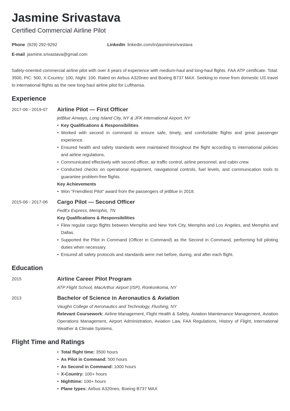 Pilot Resume Template Aviation Resume Example