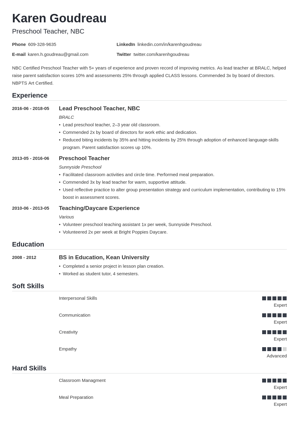 Resume Format For Teachers Freshers Preschool Teacher Resume Example 