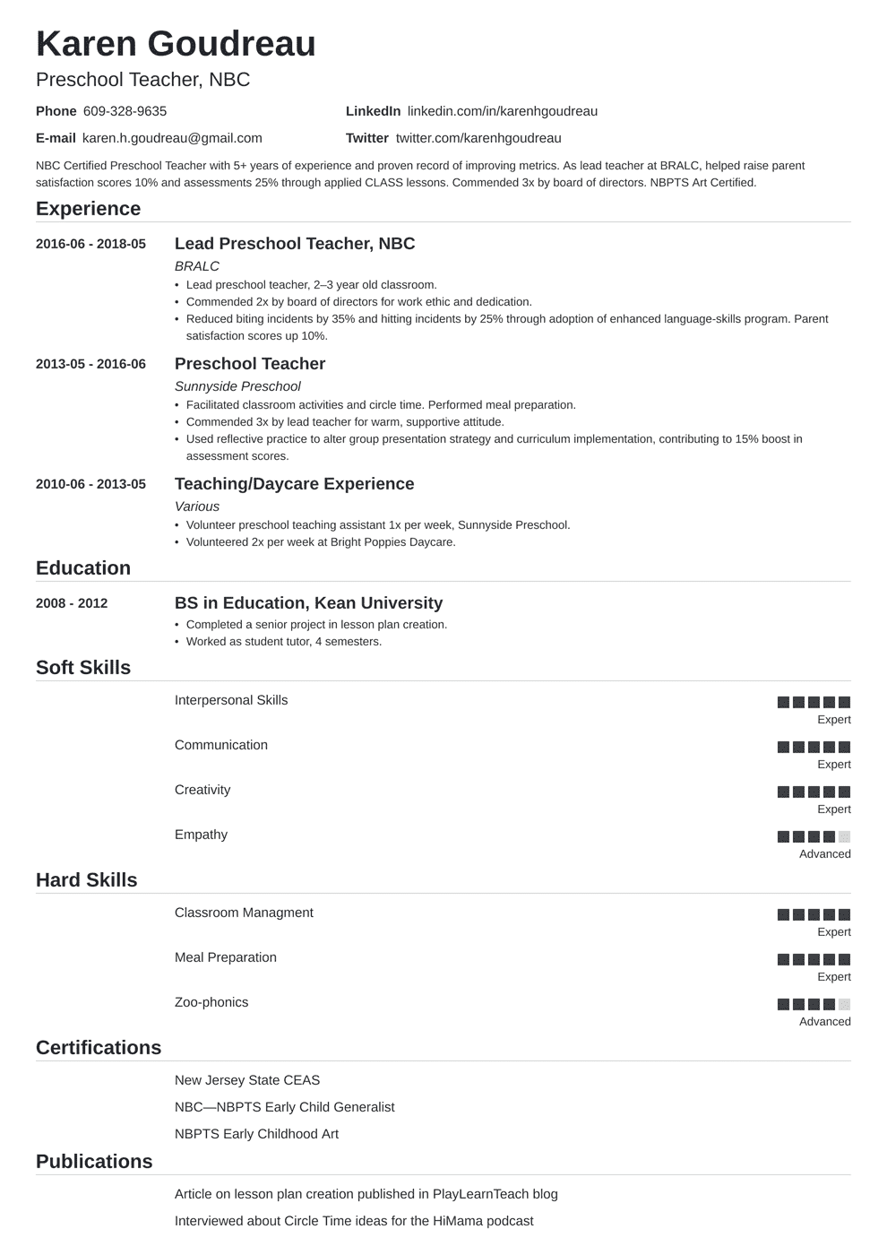 Preschool Teacher Resume Example Pre K Job Skills 