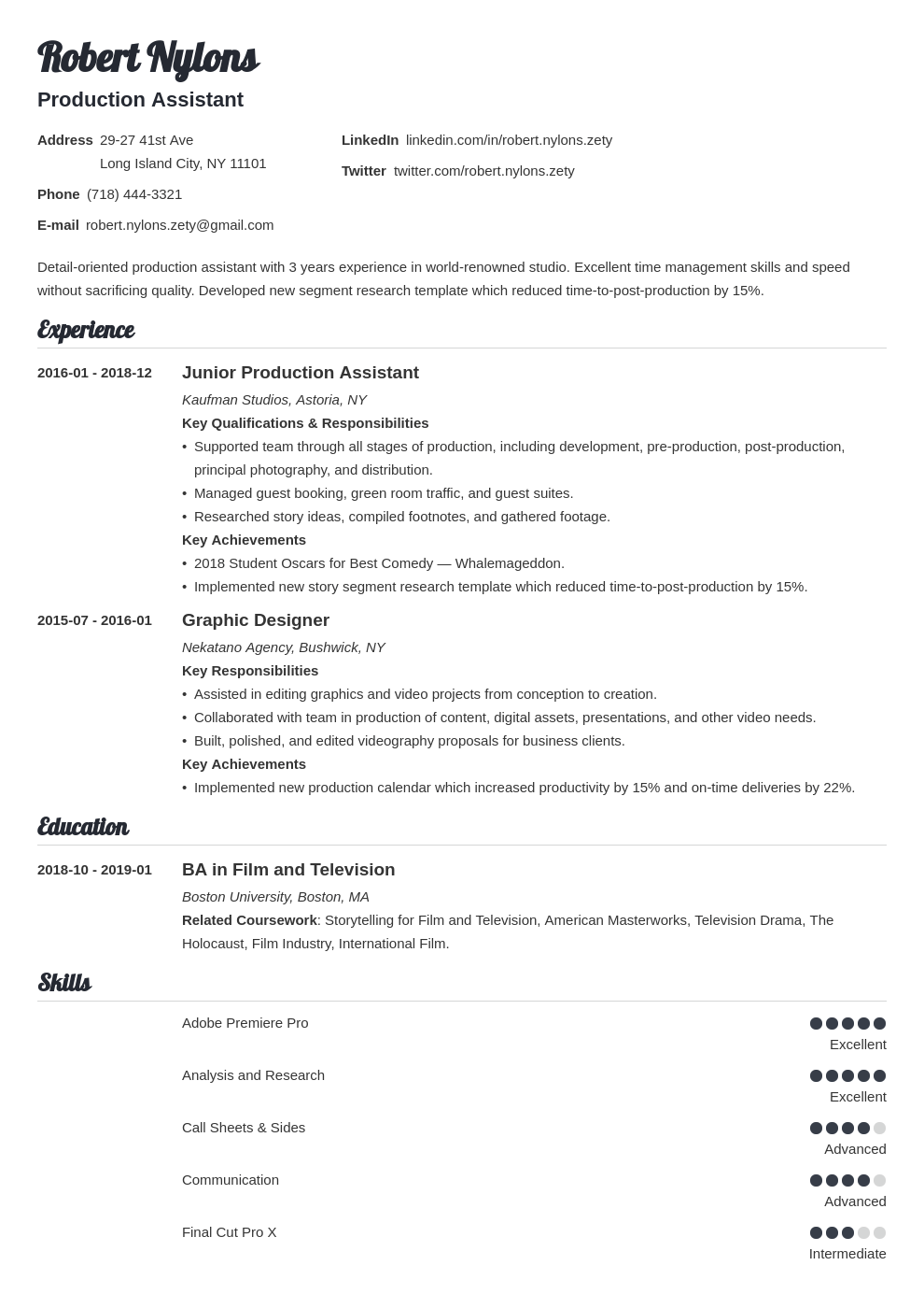 Resume For Production Assistant