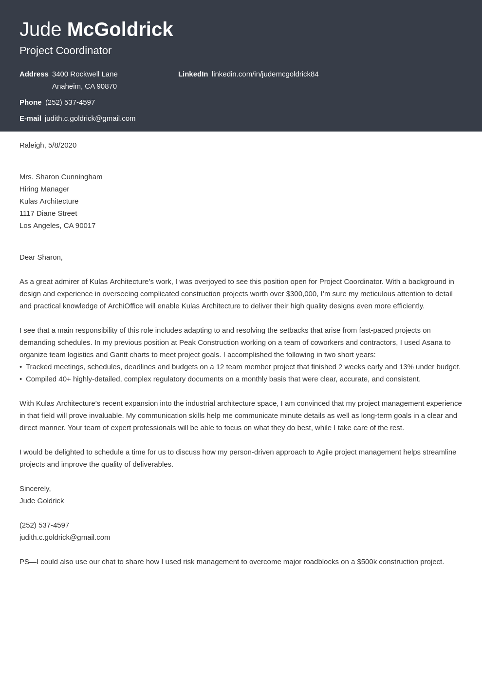 Project Coordinator Cover Letter Samples Writing Guide