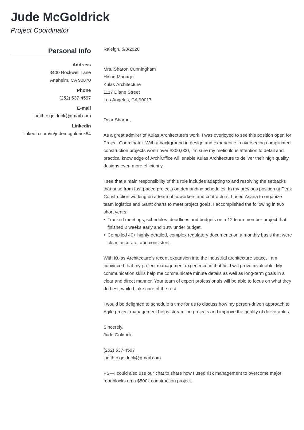 Project Coordinator Cover Letter Samples Writing Guide