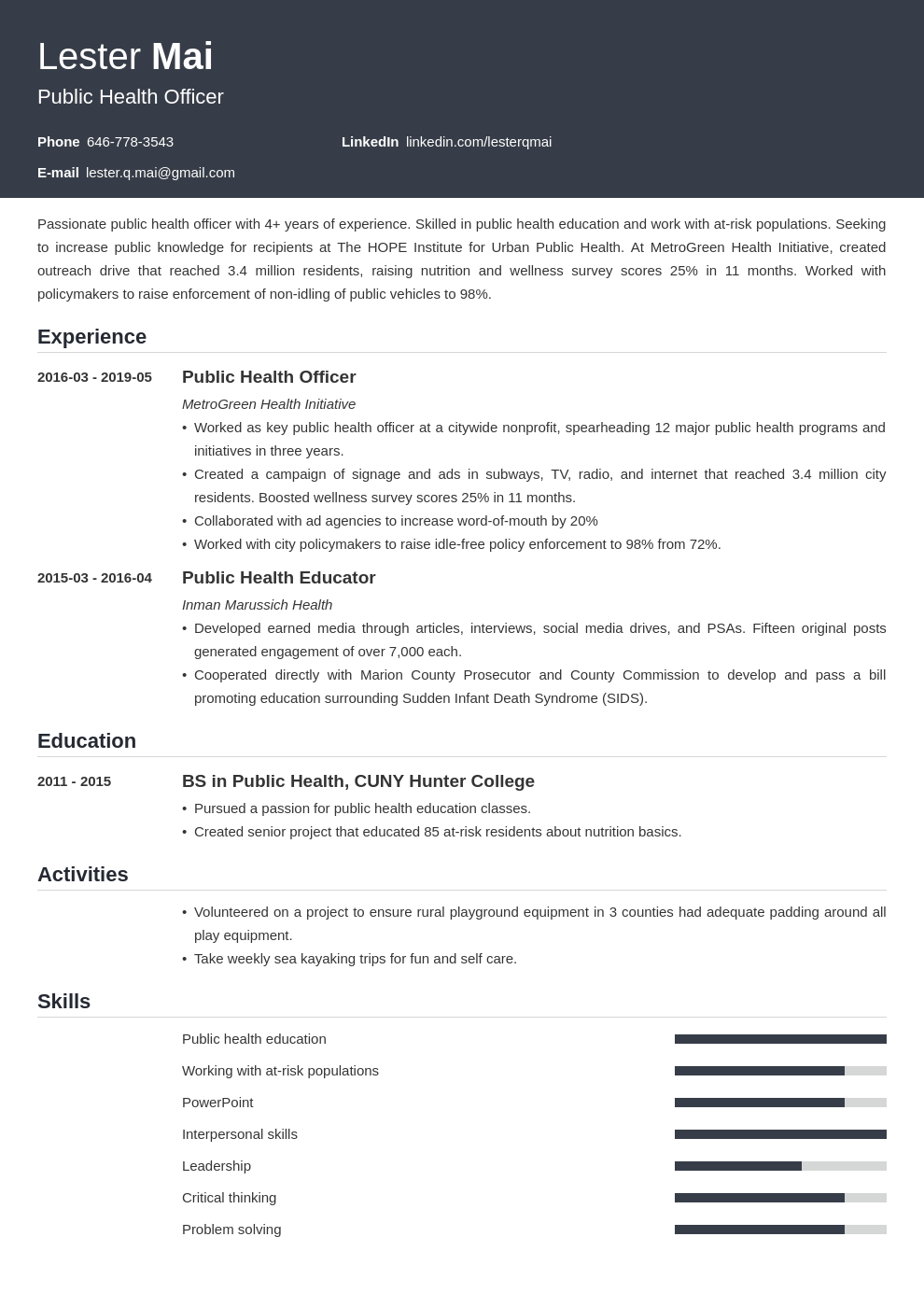 Public Health Resume Sample