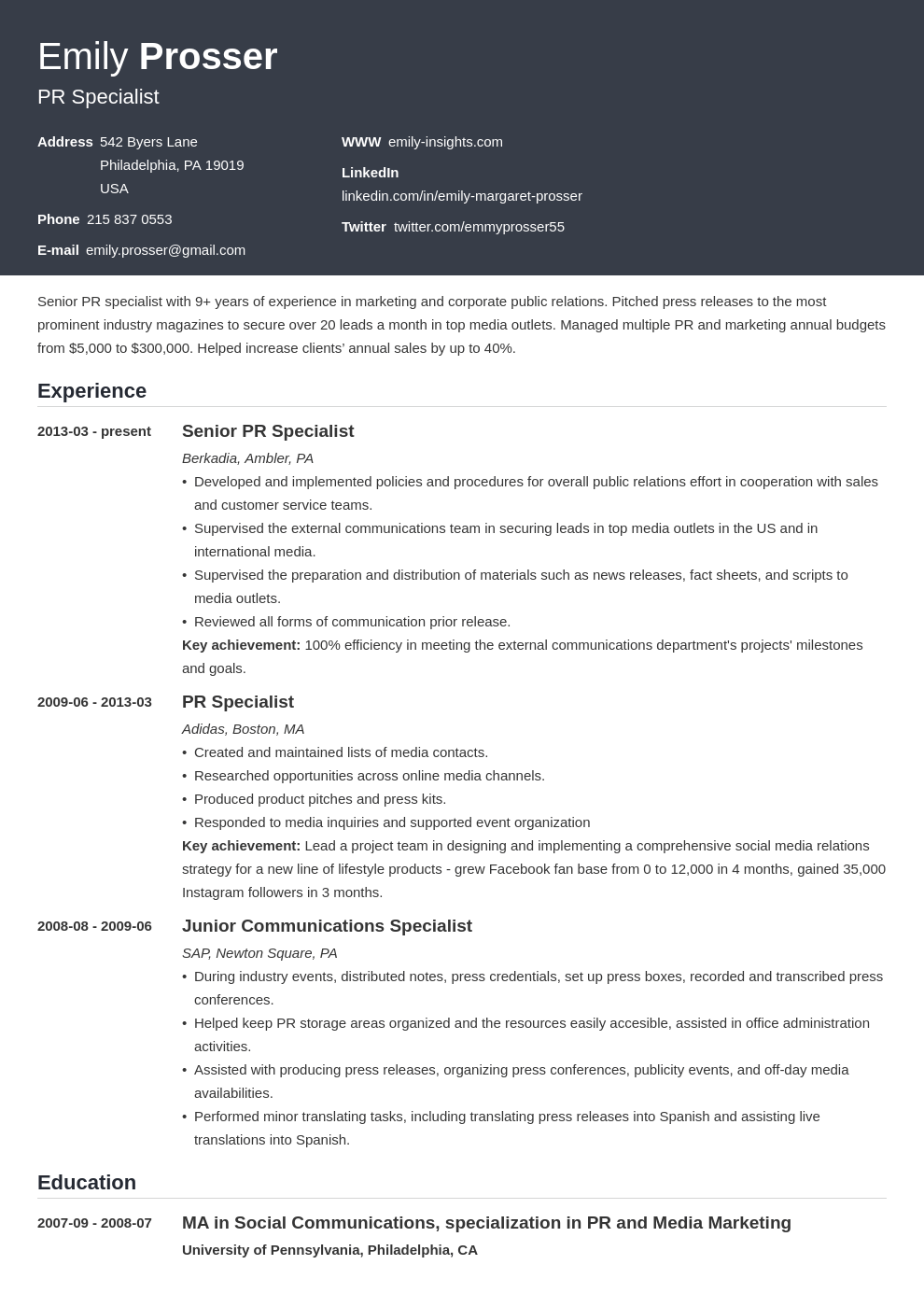 Best Public Relations Resume Examples Also For PR Interns 