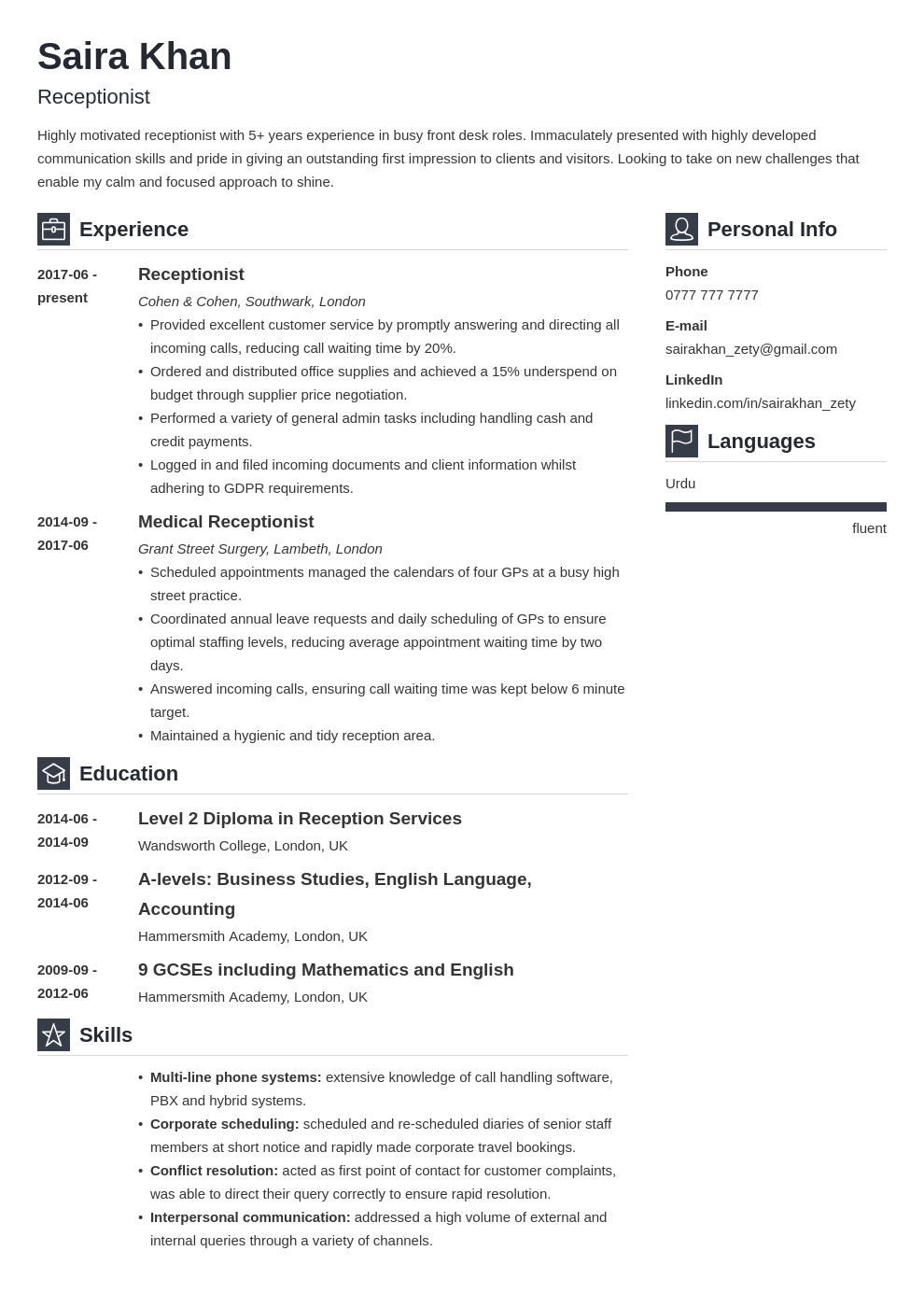 Receptionist CV Template & Writing Guide for 2025