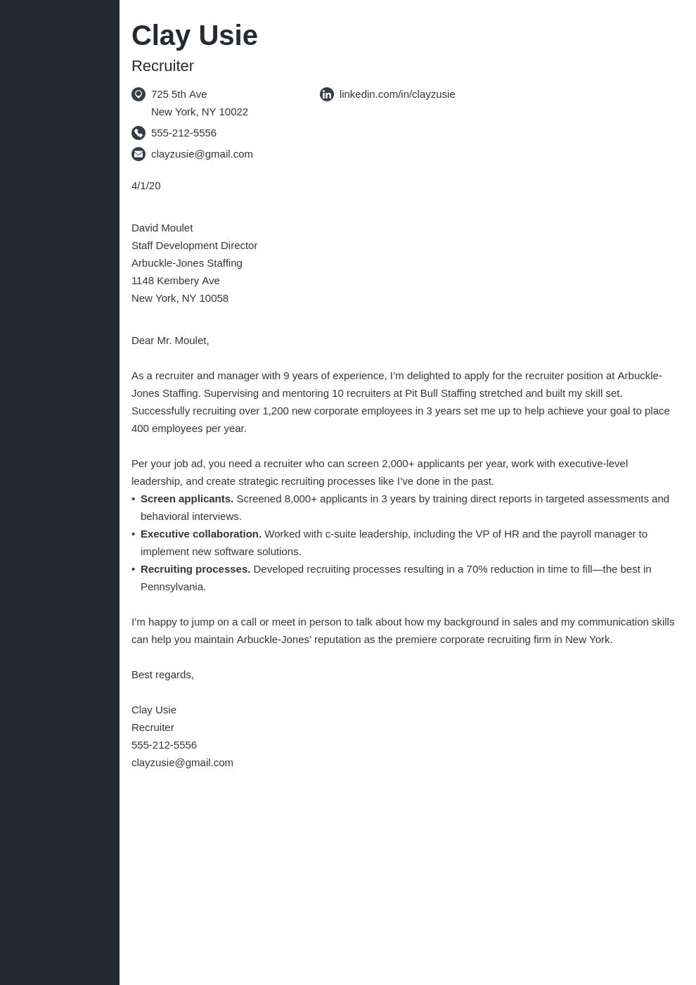 Recruiter Cover Letter Sample And Guide For Recruiting Jobs