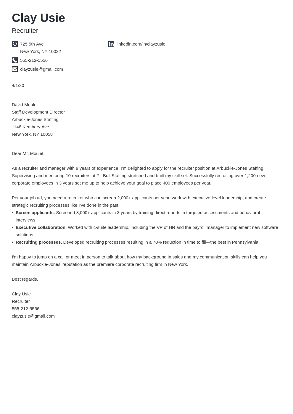 Recruiter Cover Letter Sample And Guide For Recruiting Jobs