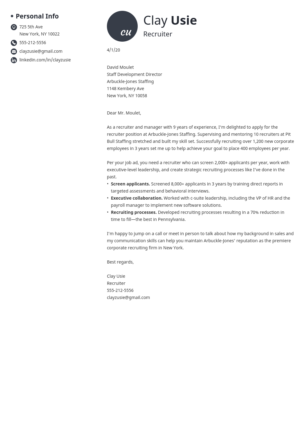 Recruiter Cover Letter Sample And Guide For Recruiting Jobs