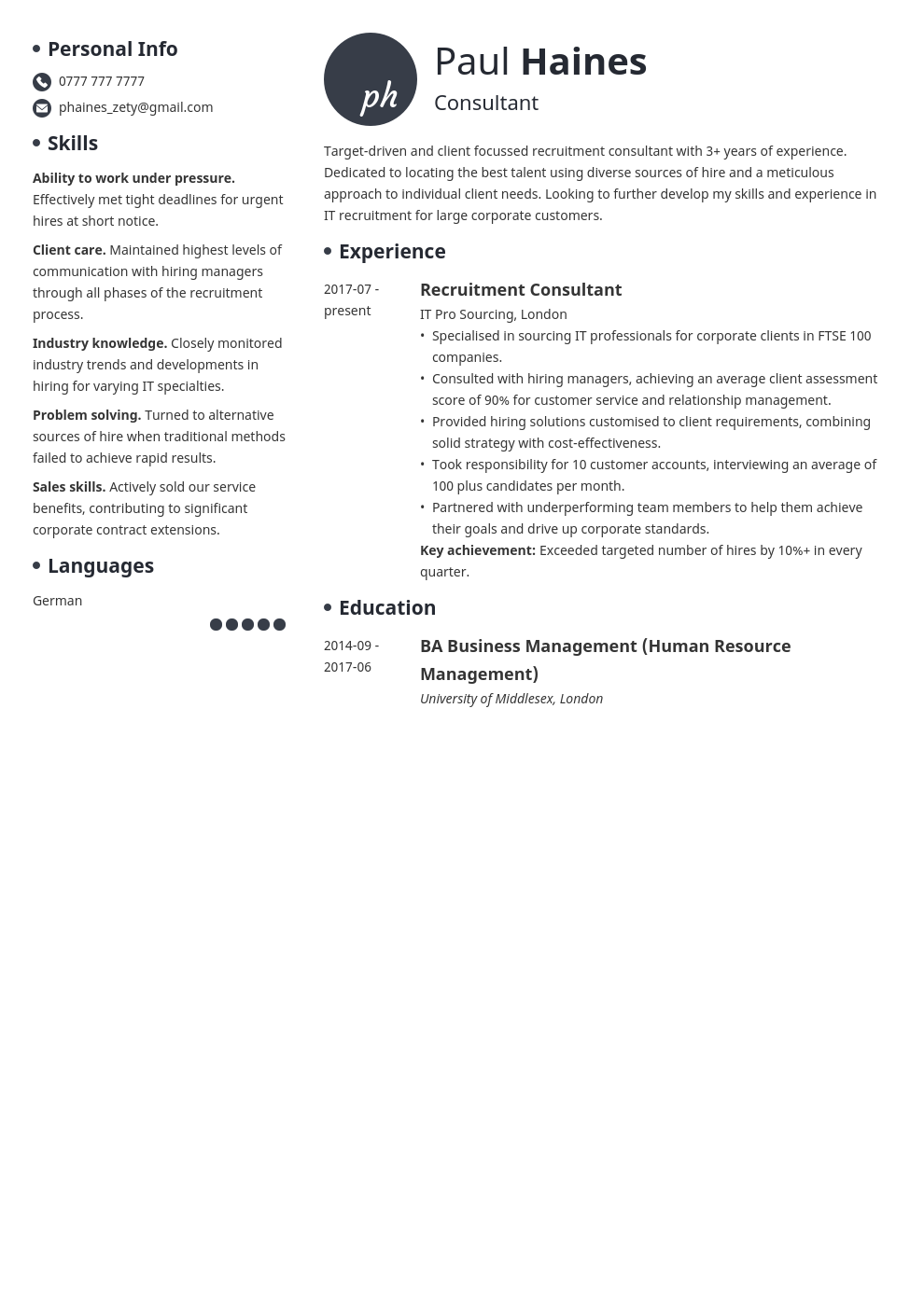 Recruitment Consultant CV Example & Writing Guide