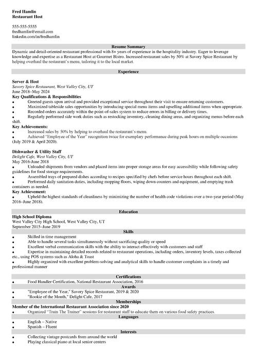 Restaurant Resume Examples: Template with Skills & Objective