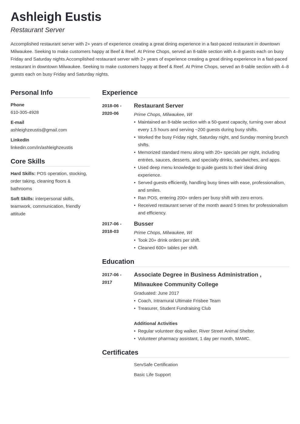 Restaurant Server Resume Examples And Writing Guide