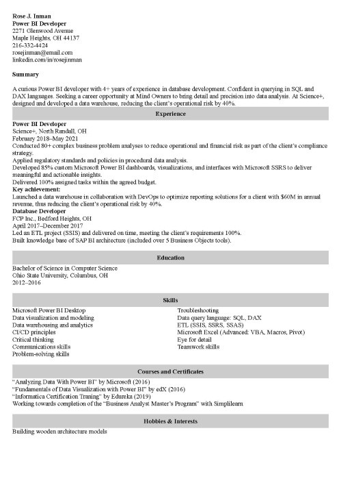 Power BI Resume Sample Guide Developer Analyst 