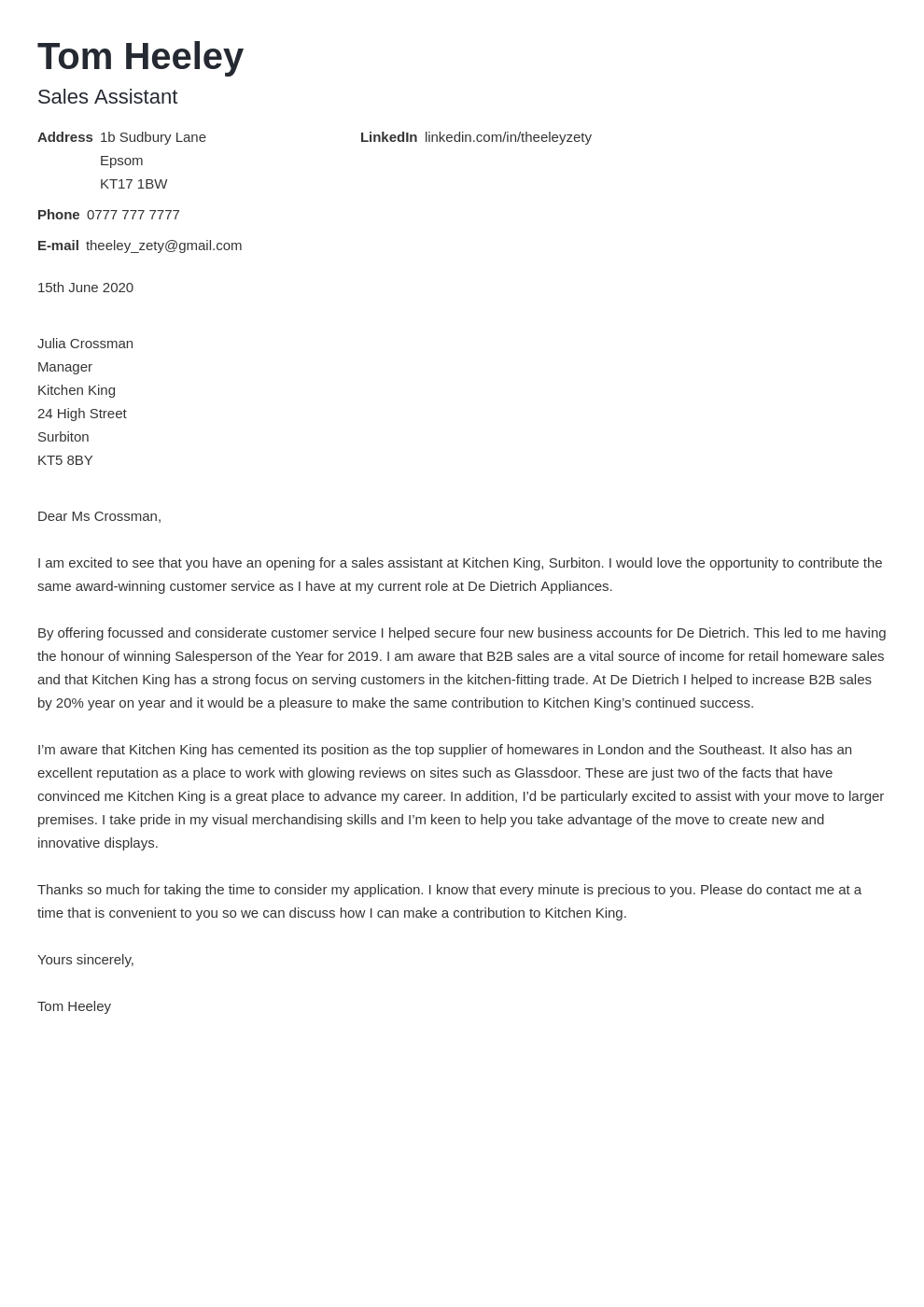 Sales Assistant Cover Letter Template Writing Guide