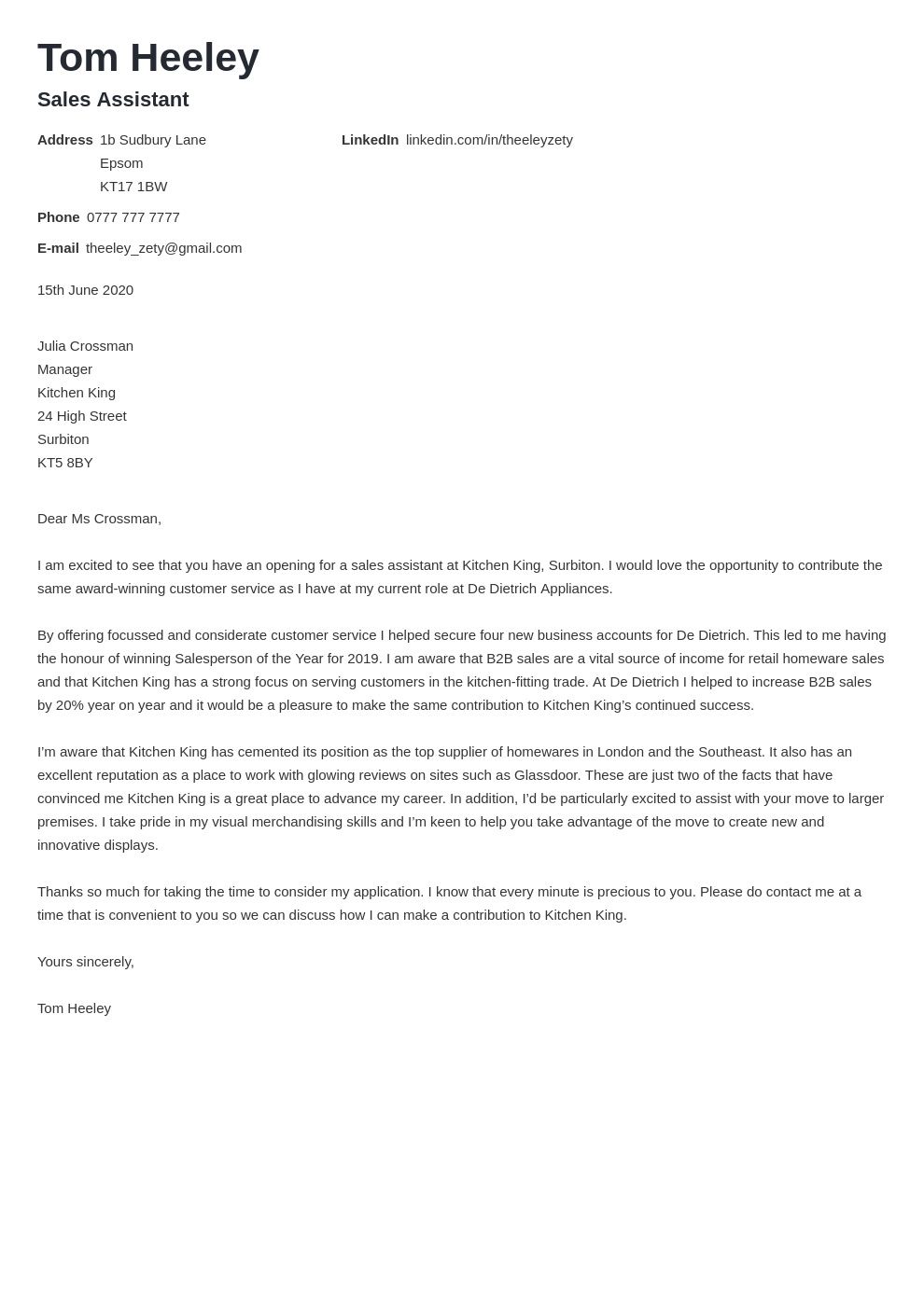 Sales Assistant Cover Letter Template & Writing Guide