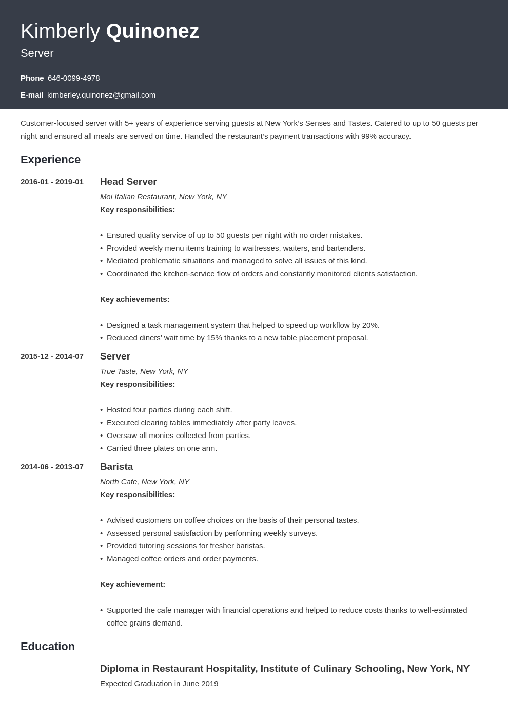 Server Resume Examples Skills For Any Restaurant In 2024 