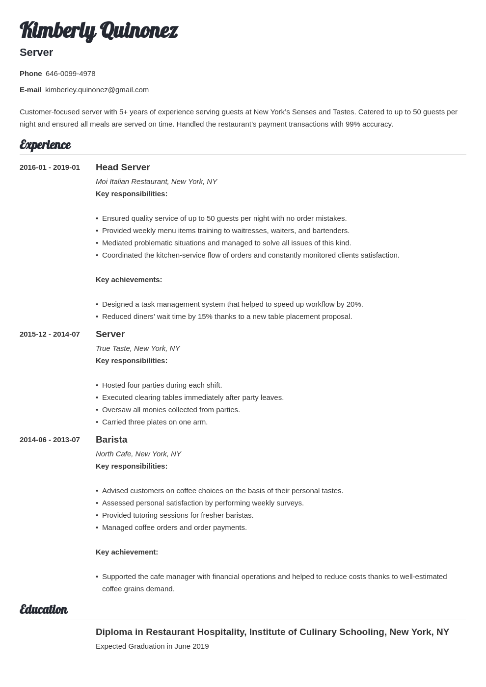 Server Resume Examples Skills For Any Restaurant In 2023 