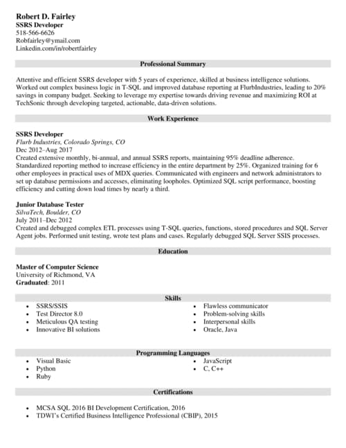 SSRS Resume Sample Guide SSRS Developer 