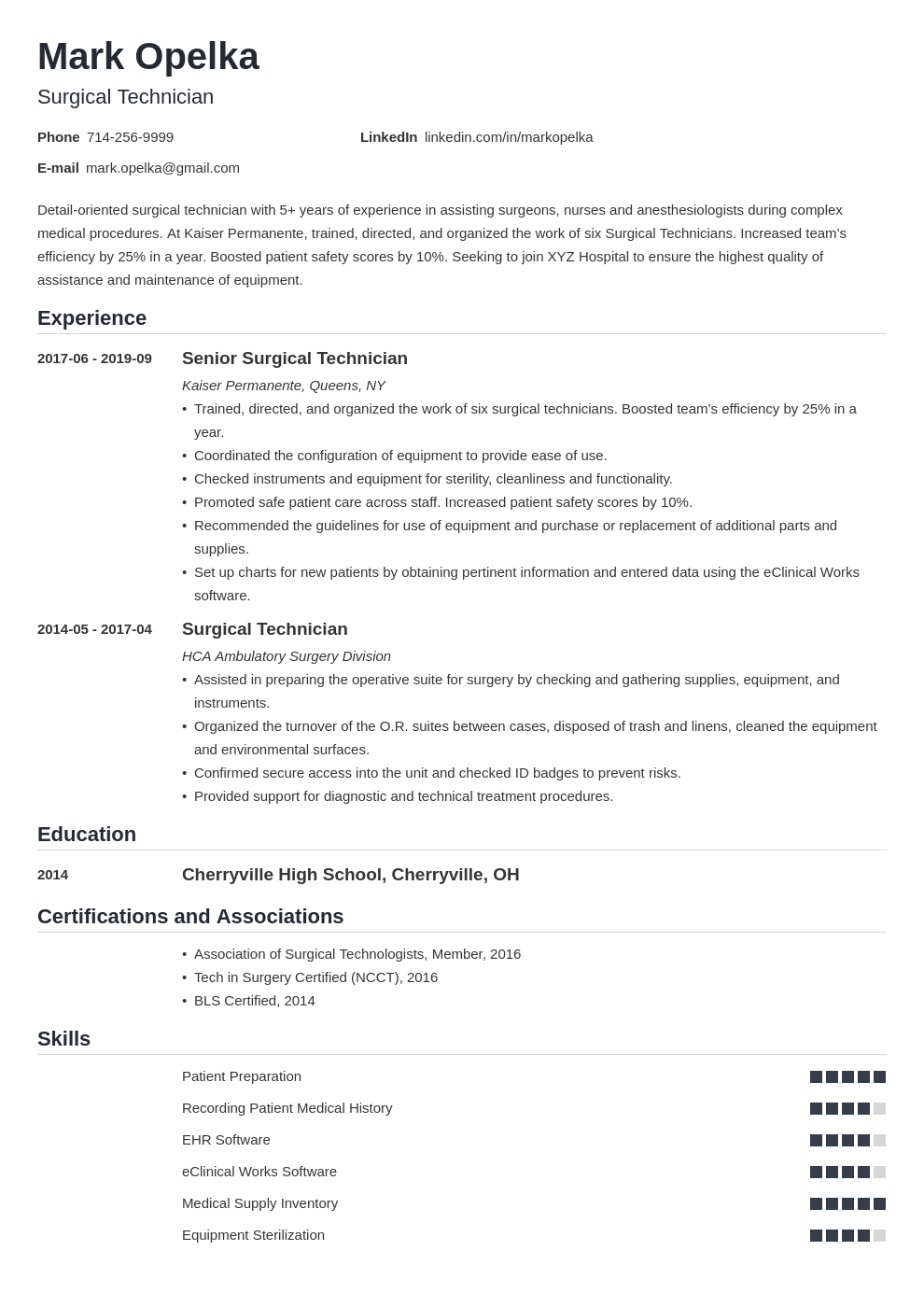 Free Surgical Technologist Resume Templates