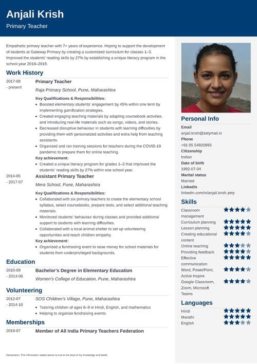 Teacher Resume Format Sample Writing Guide