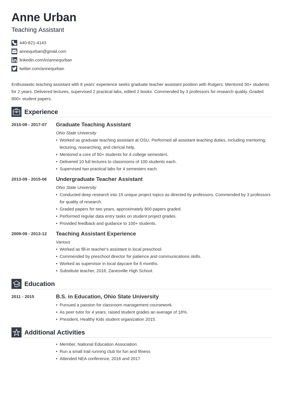 Teacher Assistant TA Resume Sample For 2025