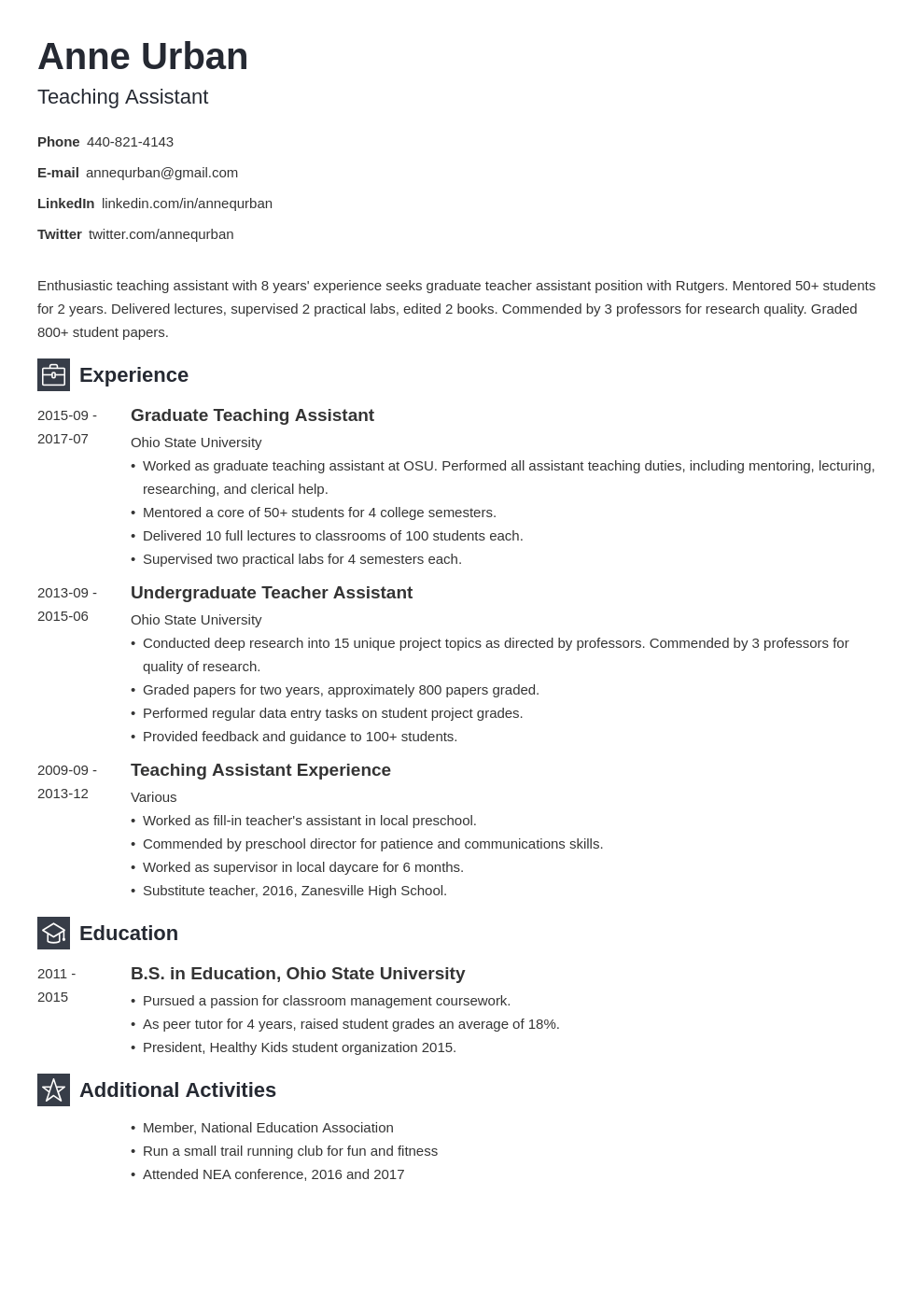 Teacher Assistant TA Resume Sample For 2024