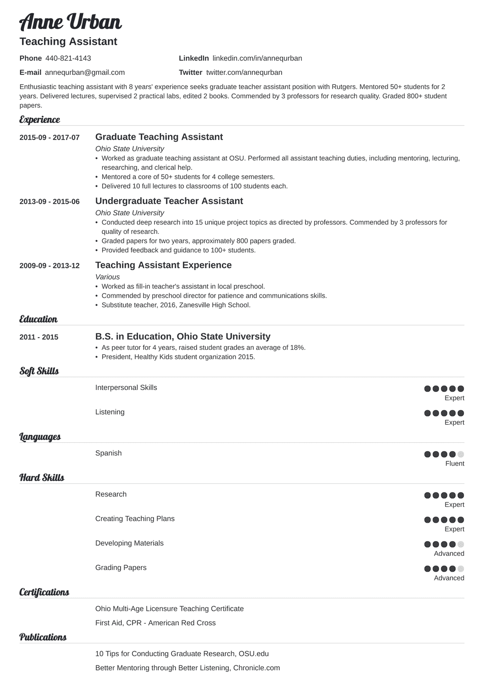 Teacher Assistant TA Resume Sample For 2023
