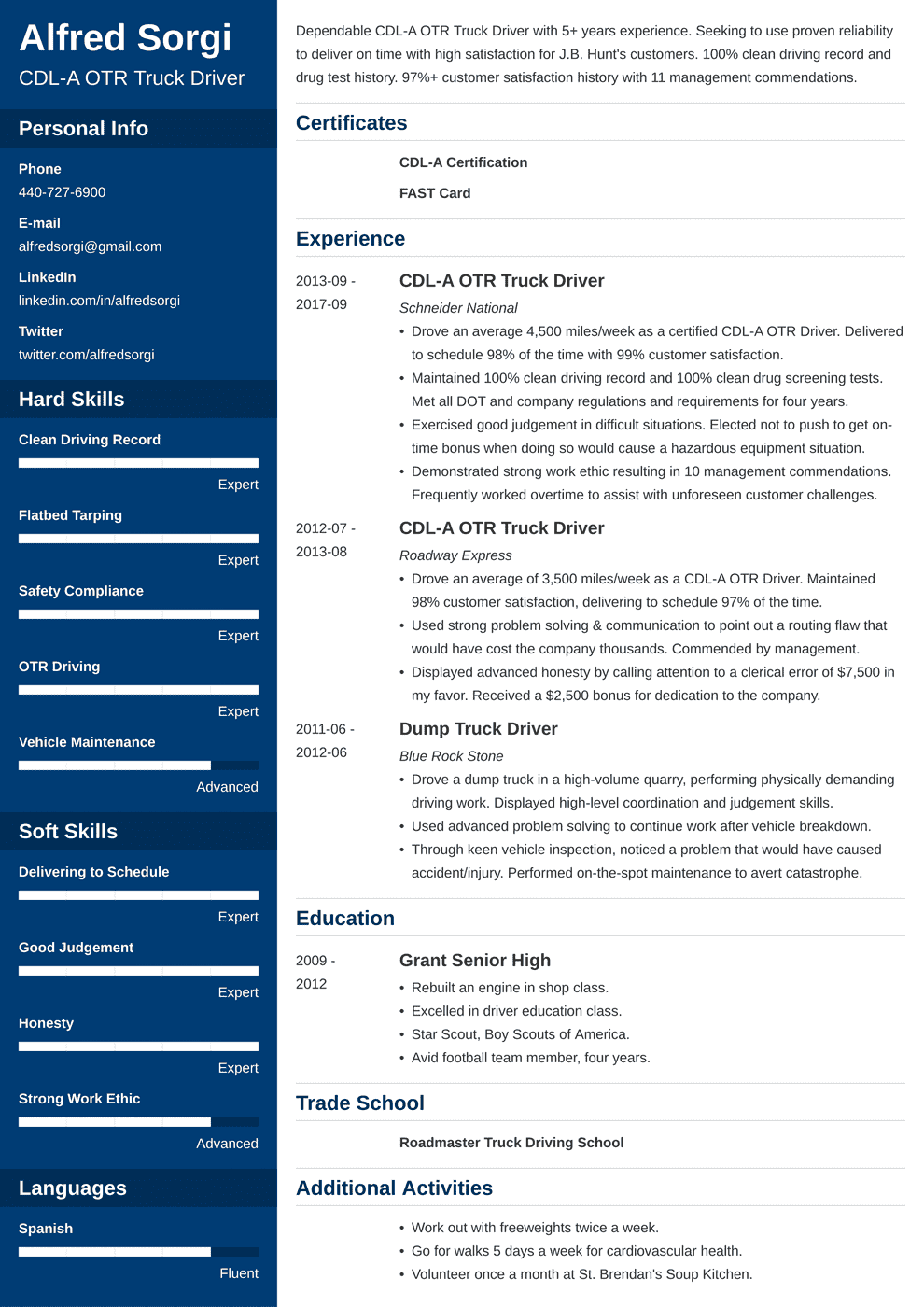 Truck Driver Resume Sample Objective Skills Job Description