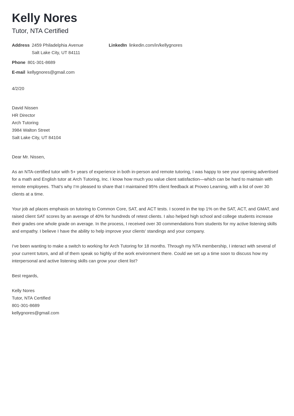 Tutor Cover Letter Sample And Writing Guide