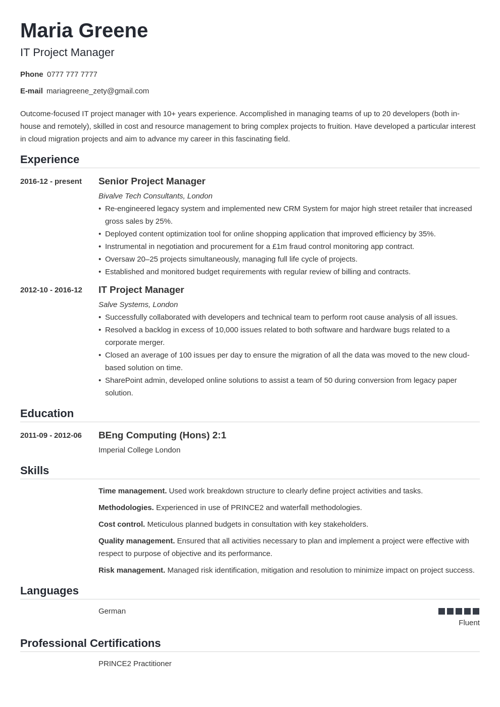 Project Management CV Example For Project Managers