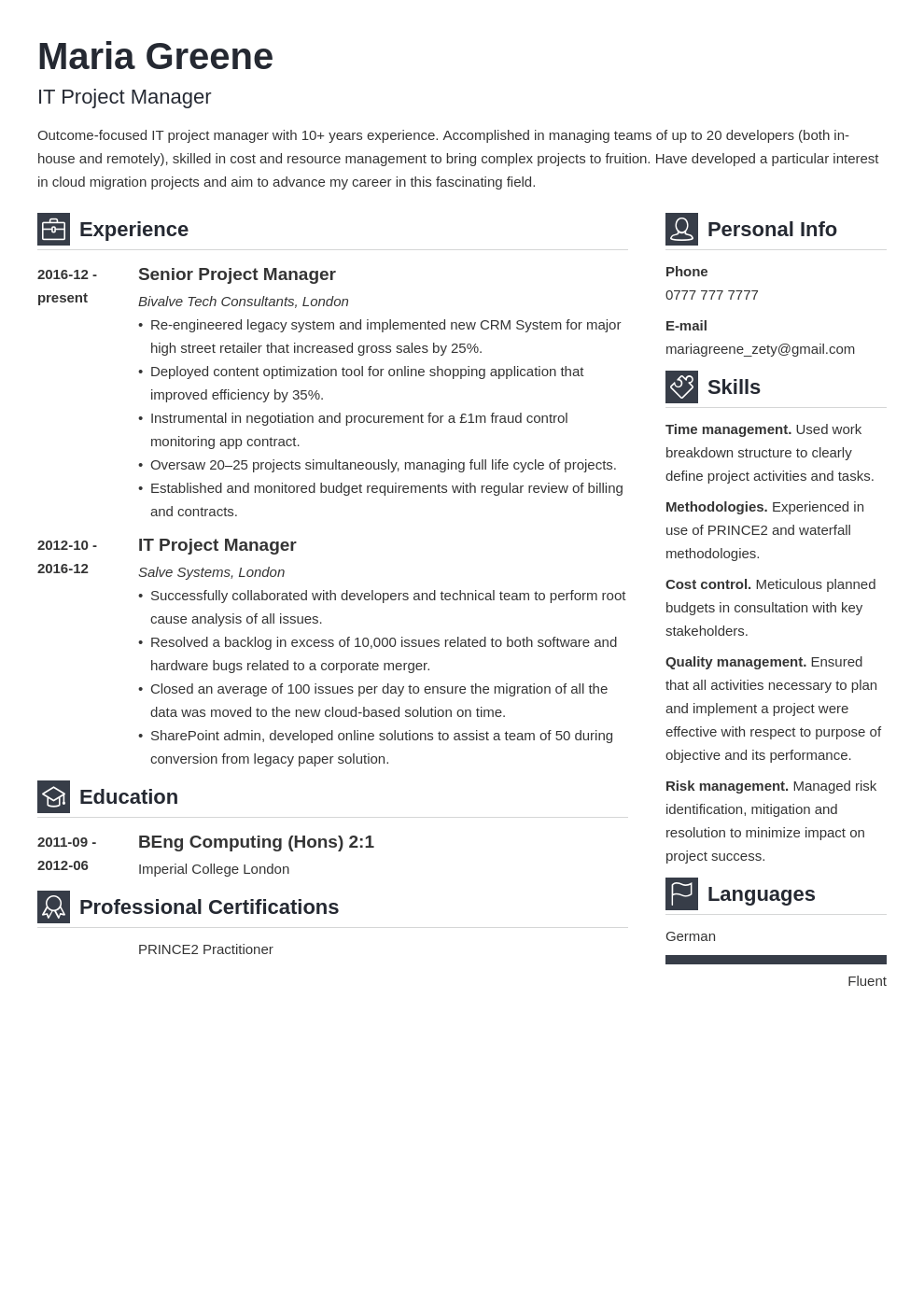 Project Management CV Example For Project Managers
