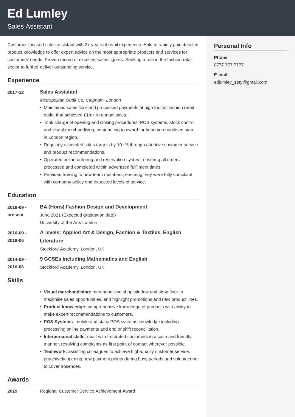  Retail CV Examples Template For A Sales Assistant