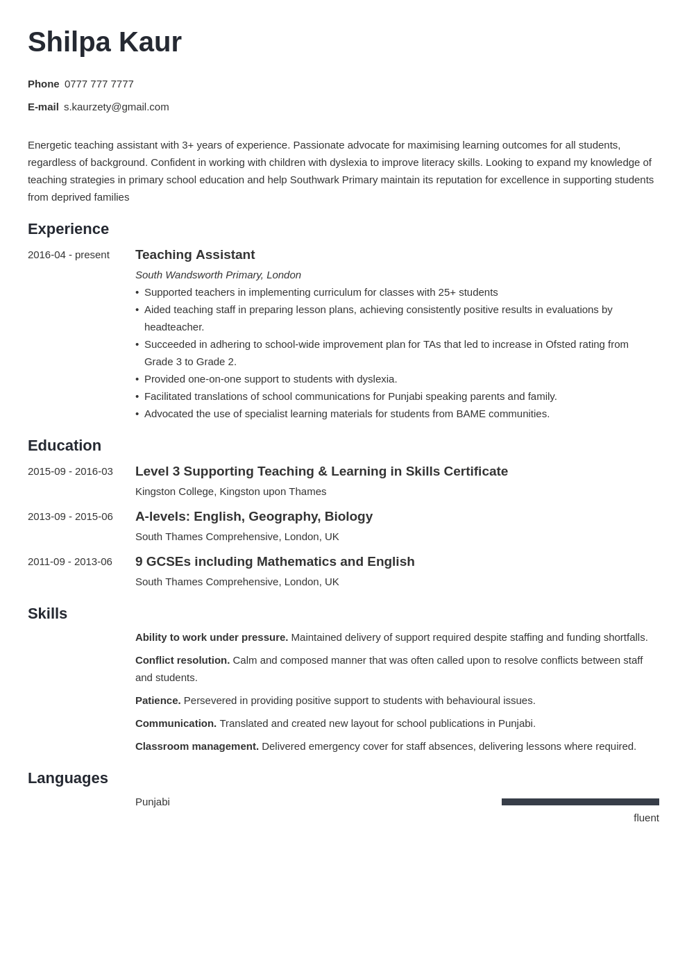 Teaching Assistant TA CV Example Writing Guide