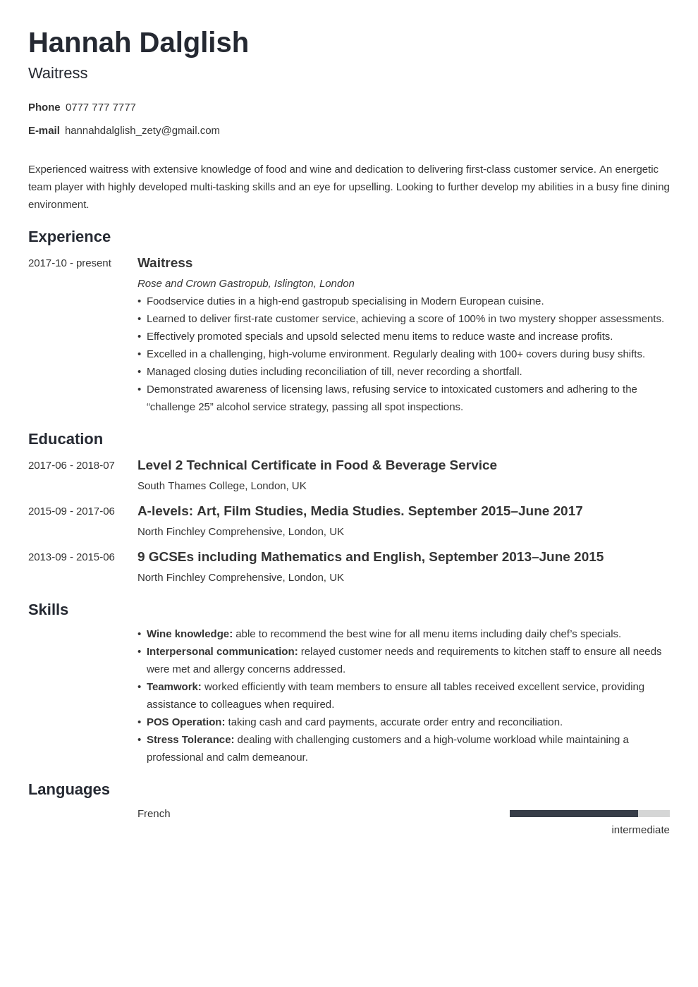Waitress Waiter CV Example Guide For 2025