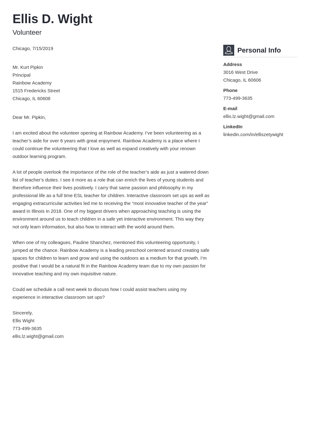 Cover Letter Examples For Volunteer Position