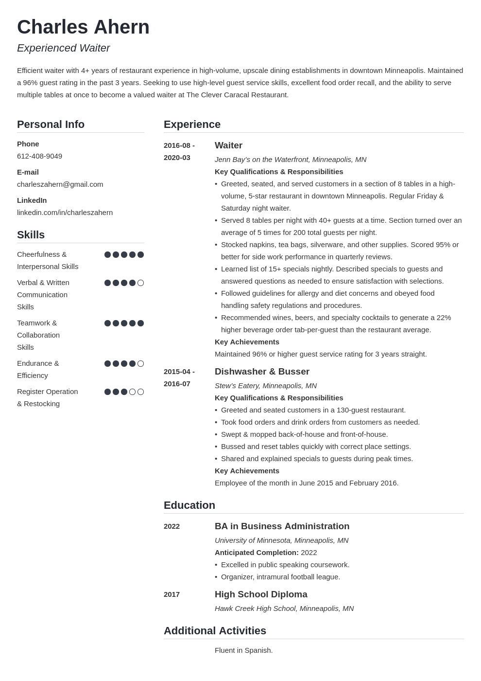 Waiter Waitress Cv Example Resume Examples Resume Skills Cv Examples 